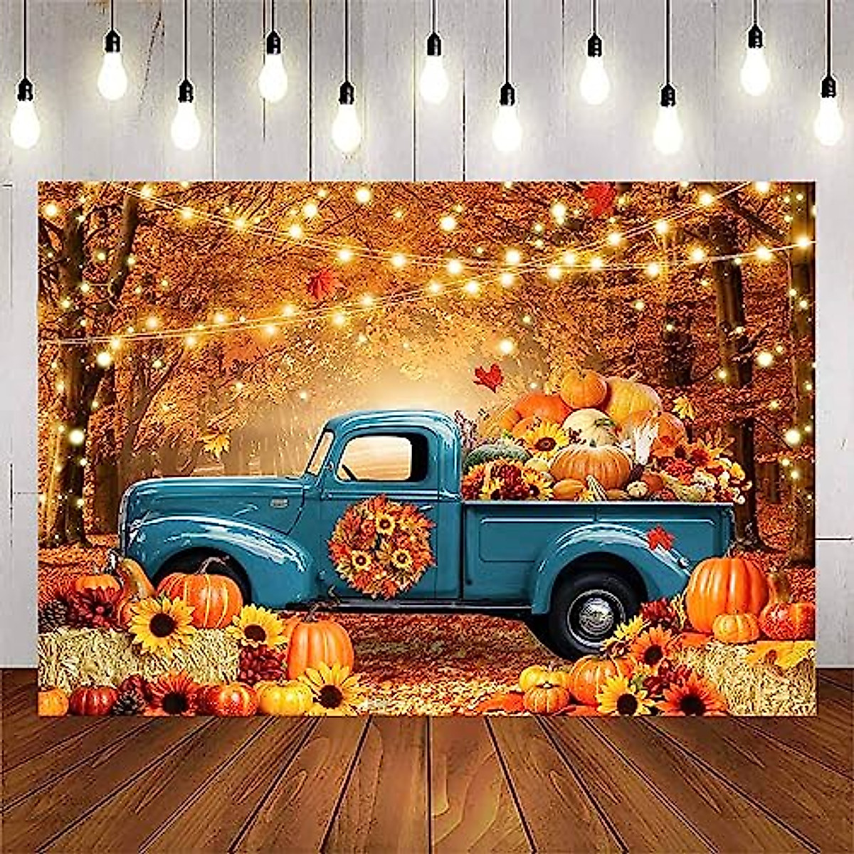 Avezano Fall Forest Blue Truck Photography Backdrop Autumn Harvest Pumpkin Maple Leaves Background Thanksgiving Party Decorations Photo Banner Props(7x5ft)