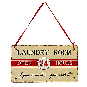 Laundry Room Decor Hanging Laundry Sign Open 24 Hours Metal Wall Art - Vintage Farmhouse Wash Room Accessories Decorative Iron Home Signs Rustic Bathroom Décor