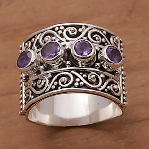 NOVICA Artisan Handmade Amethyst Cocktail Ring Sterling Silver Multistone from Bali Purple Band Indonesia Ultra Violet Birthstone [ring Front 0.6 in L x 0.8 in W x 0.2 in H Band Width 9 mm W] '