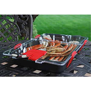 SAFE-T-SIRV Clear Hinged Serving Lid With Utensil Holder, Non-Slip Silicone Straps, Dishwasher Safe (9" x 13",Red)