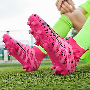 DHOVOR Men's Women's Football Boots FG Football Shoes Unisex Adult Athletics Football Trainers Football Cleats Teenagers Soccer Shoes Rose Red