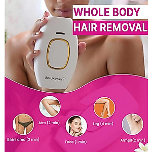 Deluxeskin Laser Hair Removal At Home - IPL Hair Removal Device | The Ultimate Skincare Routine for Beautiful, Radiant Skin of Bikini, Legs, Arms, Face, Upper Lips | Facial Hair Removal Handset