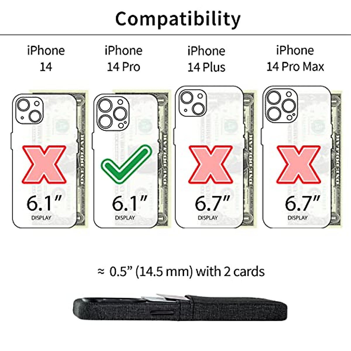 Dockem Card Case for iPhone 14 Pro with Built-in Metal Plate for Magnetic Mounting & 2 Card Holder Pockets: Luxe M2 Wallet, Canvas Style Synthetic Leather (iPhone 14 Pro, Black)