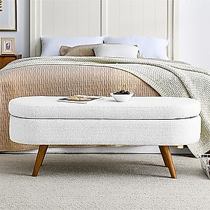 TRIPLE TREE 43.5" Storage Ottoman Bench with 250lb Seating, Linen Upholstered Wood Legs Safety Hinge Flip Top Oval Foot Rest Long Stool for Sofa Couch Bedroom End of Bed Living Room Entryway, White