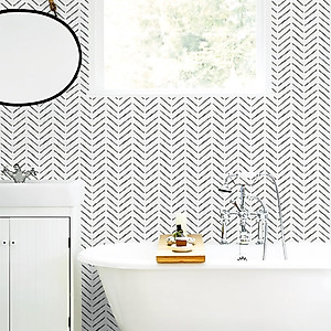 Rugreat Herringbone Peel and Stick Wallpaper Modern Contact Paper for Cabinets Stripe Wallpaper Neutral Self Adhesive Removable Wallpaper for Bedroom Bathroom Waterproof Black and White 78.8"×17.3"