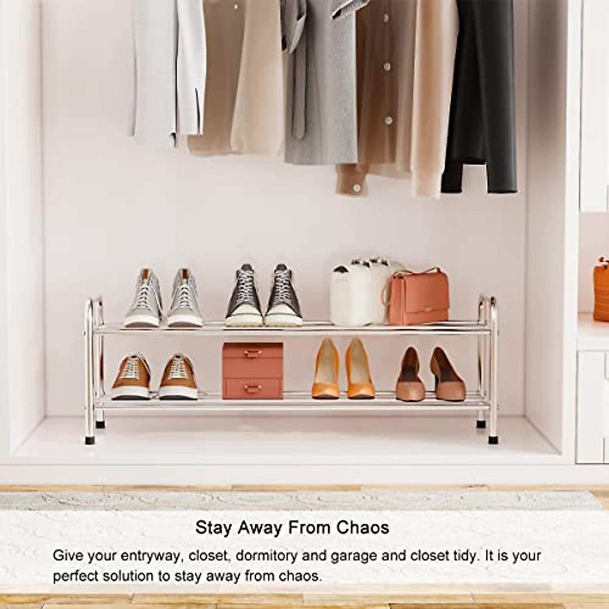 2-Tier Shoe Rack for Closet, Stackable & Expandable Shoe Rack Organizer Storage Stainless Steel Shoe Shelf for Entryway, Bedroom, Dorm Room, Outdoor