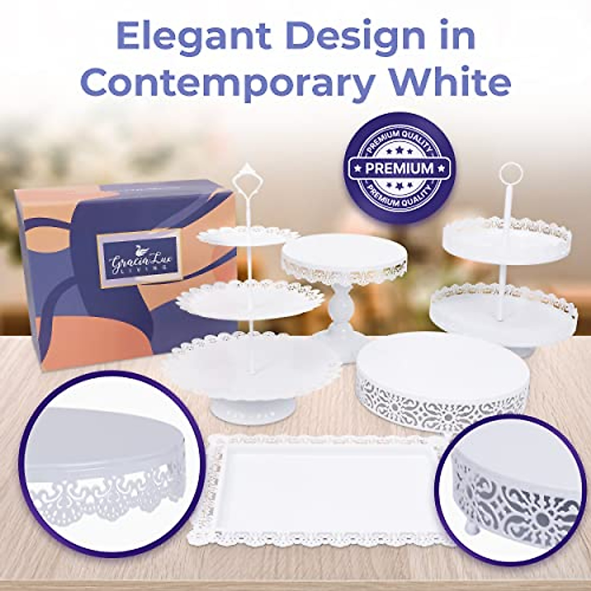 Tiered Cake Stand 5 Pc. Set with 3-Tier, 2-Tier, and Round Displays, Pedestal Dessert Stands, and Square Serving Tray Platter for Cupcakes, Pies, Cookies, Pastries, and Snacks