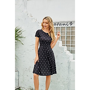 MicroStar dresses for women 2023 Slim Short Sleeve Round Neck A Line Fit and Flare Knee Length Sun Dress Black Polka Dot