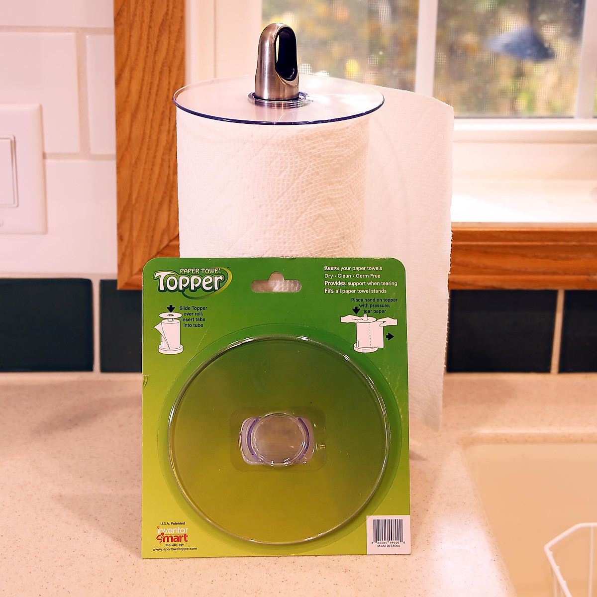 Paper Towel Topper- Keeps Top of Paper Towel Roll Clean & Dry - Paper Towel Holder Countertop Stand