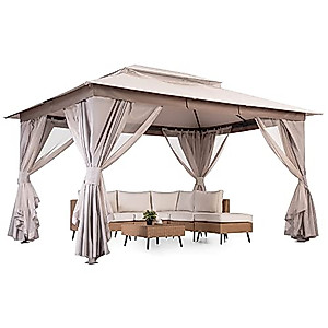 LAUSAINT HOME Outdoor Patio Gazebo 10'x13' with Expansion Bolts, Heavy Duty Gazebos Party Tent Shelter with Double Roofs, Mosquito Nets and Privacy Screens for Backyard, Garden, Lawn, Champagne Khaki