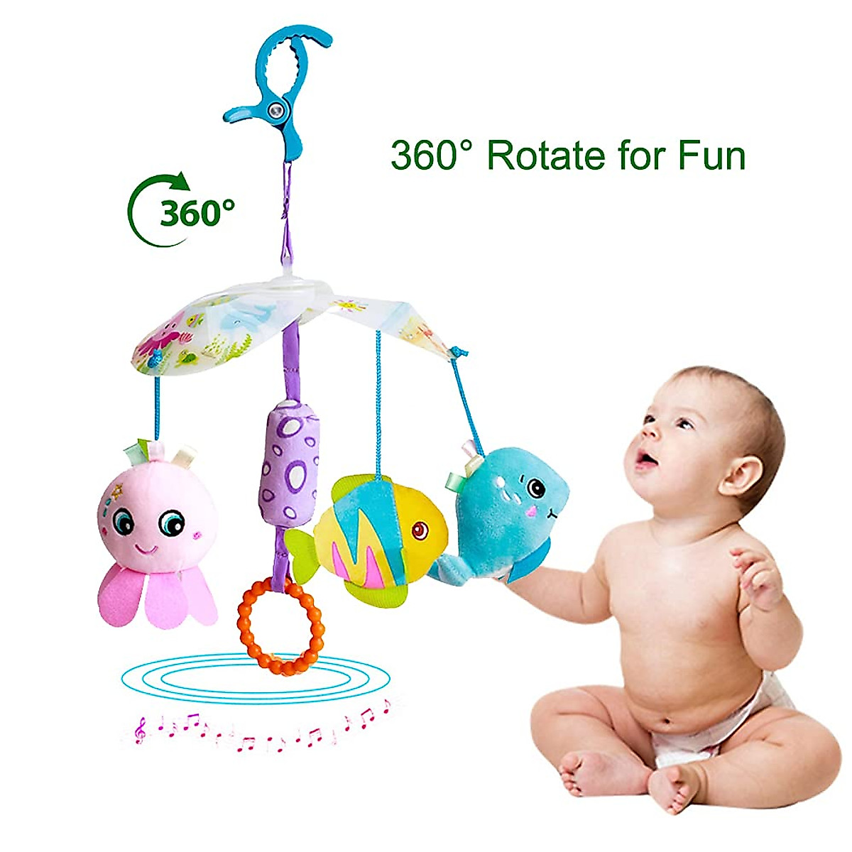 Cute Car Seat Hanging Toys for Baby, C Clip Hanging Ocean Animal Soft Toys with Rattles BB Squeaker Distorting Wind Chime for Boys Girls 0 3 6 12 Months