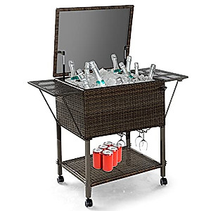 Giantex 108 Quart Rolling Cooler with Wheels, PE Rattan Rolling Cart, Wicker Cooler Trolley with Shelf, Side Display, Bottom Storage Shelf, Beverage Bar for Outdoor, Patio, Poolside, Porch