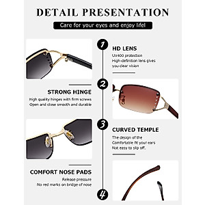 kimorn Rectangle Sunglasses for Women Men Stylish Rimless Frameless Trendy Retro Sun Glasses 90’s Vintage Square Frame K1314 (Gold Frame Gradient Brown & Grey Lens)