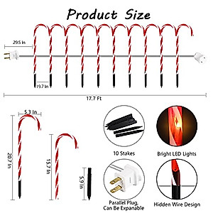PinPon Candy Cane Lights Outdoor Pathway, 10 Pack 21" Pathway Markers Walkway Lights with Stake, Xmas Decorations for Outdoor Yard Patio Garden