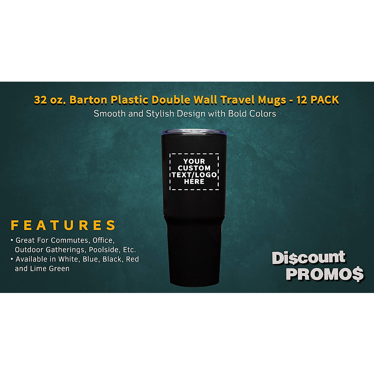 Personalized 32 oz. Barton Plastic Double Wall Travel Mugs - 12 Pack - Custom Text, Logo - Black