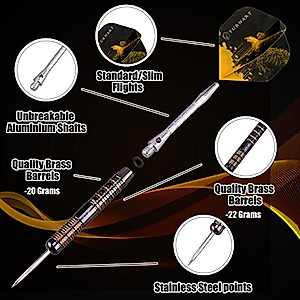 Darts Metal Tip Set, Brass Darts Steel Tip Set Professional for Bristle Dartboard, 3 Pieces 20 Grams and 3 Pieces 22 Grams Steel Tip Darts with 21 Extra Flights and a Darts’ Tool (1)