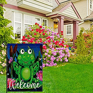 Welcome Frog Garden Flag Vertical Double Sided, Farmhouse Holiday Yard Outdoor Decoration 12 x 18 Inch