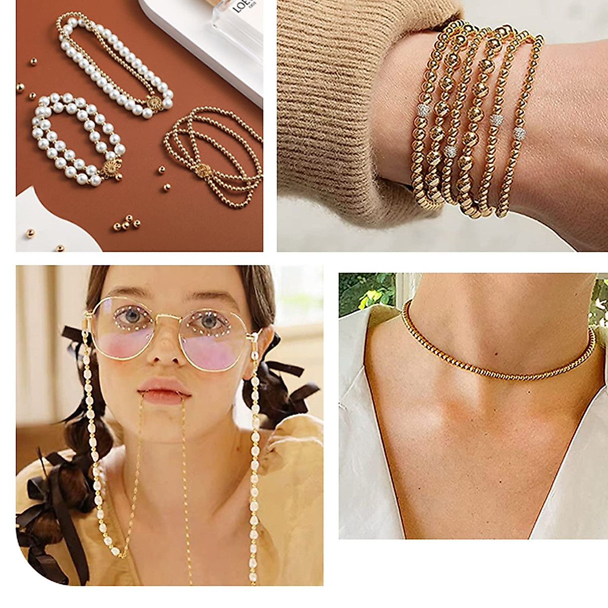 PH PandaHall 14K Gold Spacer Beads, 300pcs Round Brass Beads 5 Size Metal Smooth Beads Seamless Ball Beads Long-Lasting Little Beads for Summer Bracelet Necklace Jewelry DIY Crafts(2/3/4/5/6mm)