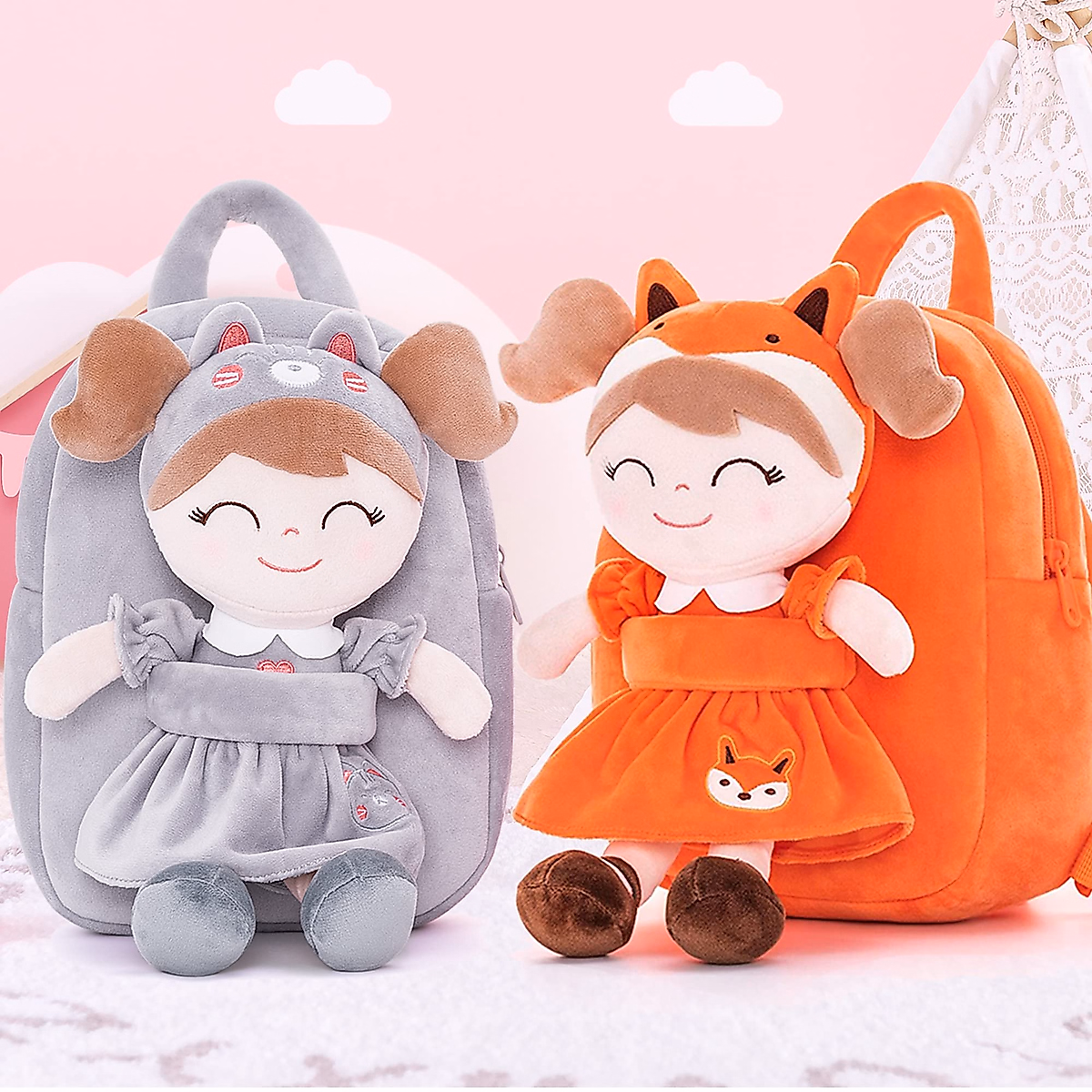 Gloveleya Cat Backpack Toddler Backpack Soft Plush Backpack with Plush Doll Gray