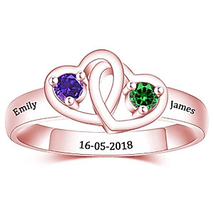 Personalized Birthstone Rings with 2 Name for Couples 925 Sterling Silver Mothers Ring 2 Birthstones Custom Heart Name Ring for Couple Women Sisters Engraved Name Rings for Birthday Wedding