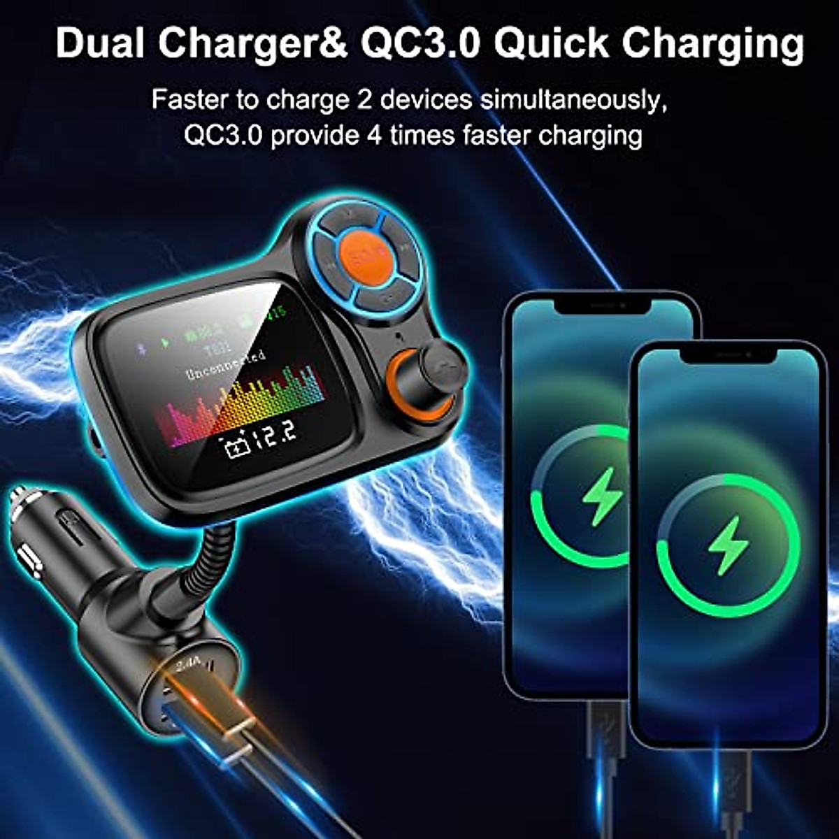 Bluetooth 5.0 FM Transmitter for Car, Aigital Car Bluetooth Adapter with 1.77 Inch Color Screen, QC3.0 Quick Charging &2.4 A USB Port, Wireless Radio Adapter Handsfree Car Kits, TF Card&U Disk