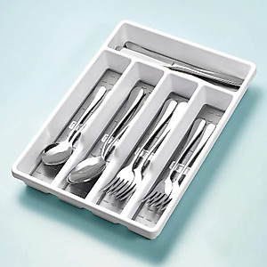 Joequality Silverware Organizer with Icons，Plastic Cutlery silverware Tray for Drawer，Utensil Flatware Tableware Organizer for Kitchen with Non-slip TPR,Fits Standard Drawer,5-Compartment，Grey