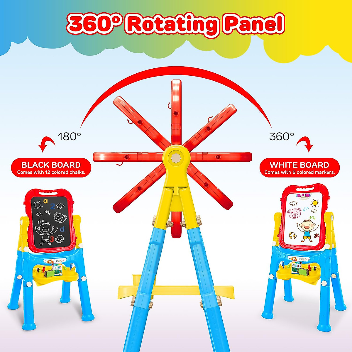 STEAM Life Easel for Kids Art Easel for Toddler Easel - 4in1 Double-Sided Large Magnetic Board Kids Chalkboard Easel Drawing White Board for Kids Magnetic Letters & Numbers Christmas Gifts for Kids