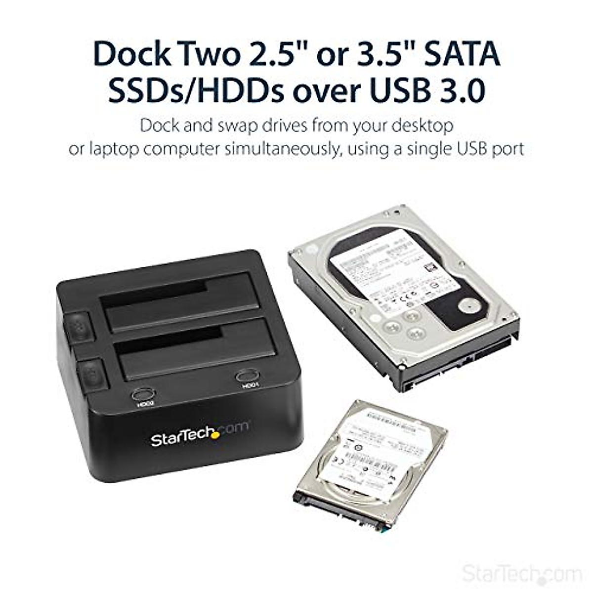 StarTech.com Dual-Bay USB 3.0 To SATA Hard Drive Docking Station, USB Hard Drive Dock, External 2.5/3.5" SATA I/II/III, SSD/HDD Docking Station, Hot-Swap Hard Drive Bay, Top-Loading (SDOCK2U33),Black