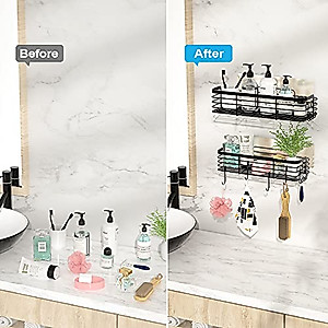 Tindbea Shower Caddy, Adhesive Shower Shelves with 6 Hooks, Bathroom Shower Organizer Racks No Drilling, Rustproof Stainless Steel Shower Storage Shelf for Inside Shower, 2 Pack, Matte Black