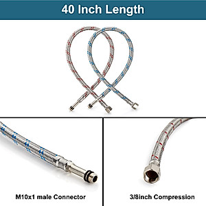 Midanya 40-Inch Long Faucet Connector,Bathroom Kitchen Faucet Connector,Braided Stainless Steel Supply Hose 3/8-Inch Female Compression Thread x M10 Male Connector,x 2 Pcs (1 Pair)
