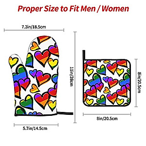 Rainbow Colored Gay Pride Hearts Printed Oven Mitts and Pot Holders Sets (4-Piece Set) with Durable Heat Resistant for Baking Cooking