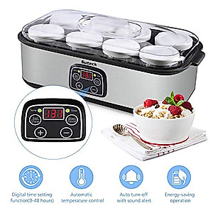 Yogurt Maker Automatic Digital Yoghurt Maker Machine with 8 Glass Jars 48 Ozs (6Oz Each Jar) LCD Display with Constant Temperature Control Stainless Steel Design for Home Use