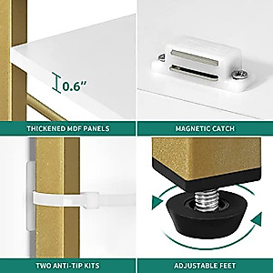 YITAHOME Bookshelf and Bookcase with Storage Cabinet, Standing 5 Tiers Book Shelves Display Rack with Doors for Bedroom Living Room Office,White&Gold
