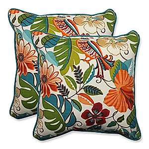Pillow Perfect Tropic Floral Outdoor Throw Accent Pillow Plush Fill, Weather, and Fade Resistant, 18.5" x 18.5", Ivory, 2 Count