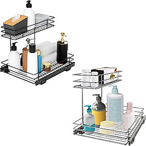 G-TING Pull Out Cabinet Organizer Black & Pull Out Cabinet Organizer Sliver, Under Sink Slide Out Storage Shelf with 2 Tier Sliding Wire Drawer - 12.6W x 16.53D x 12.99H