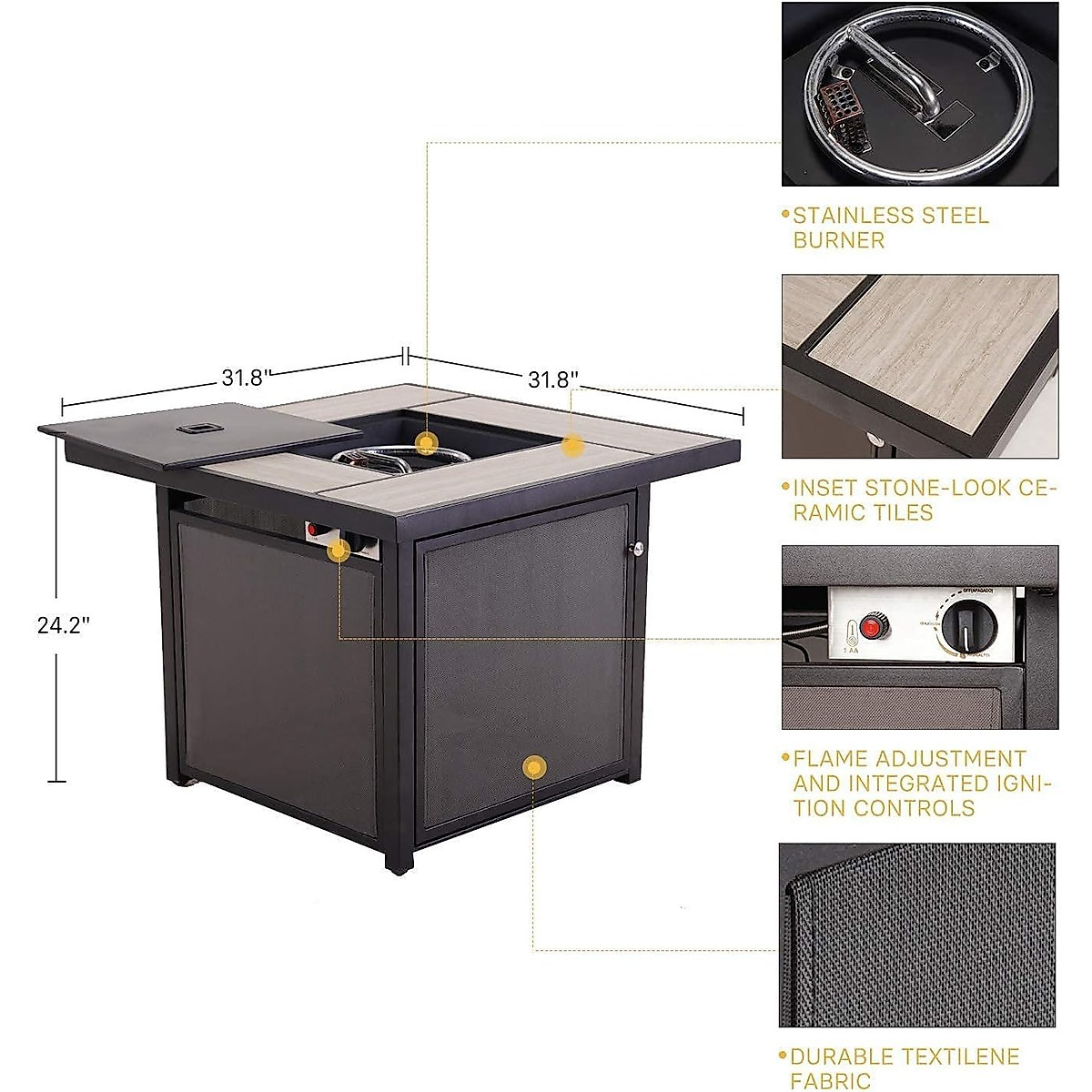 Grand patio 5-Piece Outdoor Furniture Conversation Sets with 32 Inch CSA Approved 40000 BTU Heat Propane Gas Fire Pit Table Outdoor Swivel Rocking Chair 4-Piece Mixed Coffee Dining Chair Set