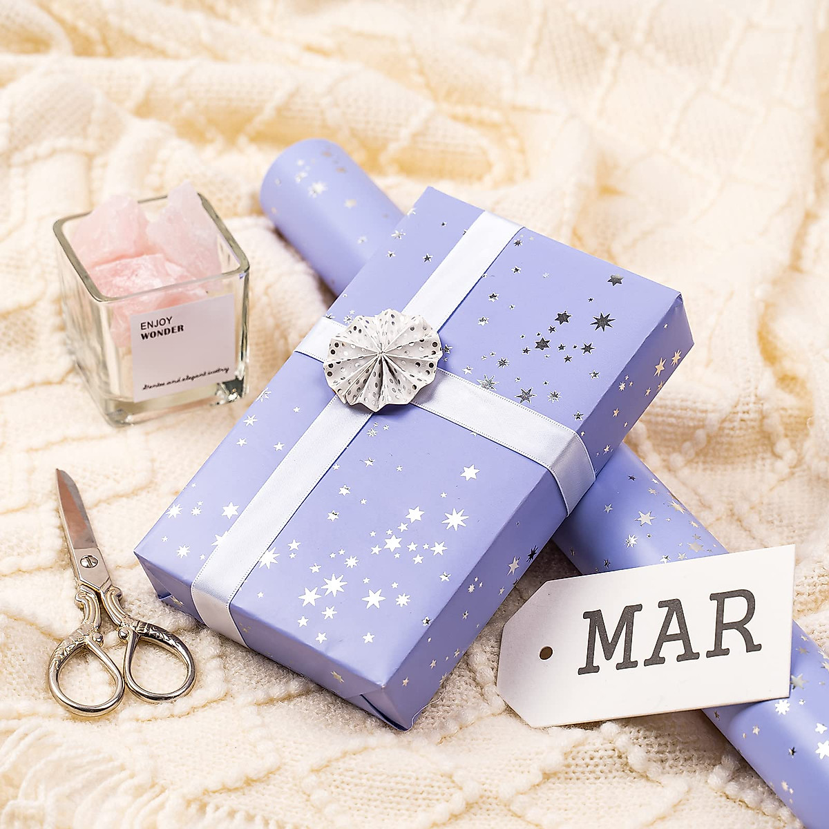 WRAPAHOLIC Wrapping Paper Roll - Mini Roll - 17 Inch X 33 Feet - Stars with Silver Foil Design, Perfect for Wedding, Birthday, Holiday, Baby Shower