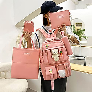 CENLAFA Kawaii 5PCS Backpack Set for Girls with Cute Bear Accessories, Teens Laptop Backpack for Back to School Supplies Bookbag(Pink/Red)