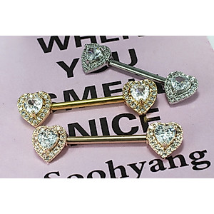 14G Dainty CZ Love Heart Nipple Rings Tongue Ring Surgical Steel Nipple rings Piercing Women Barbells 2Pcs 25/8"(16mm) (Silver)