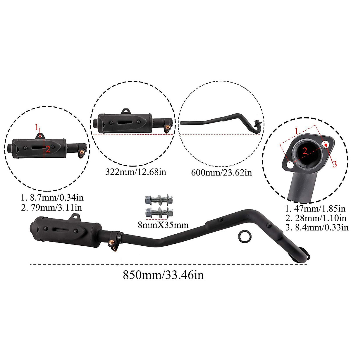 YC Yier 28mm 1 1/8" Muffler Exhaust Pipe for ATV Quad Buggy Go Kart Pit Dirt Bike 50cc 70cc 90cc 110cc 125cc 150cc Taotao Coolster Kazuma Roketa