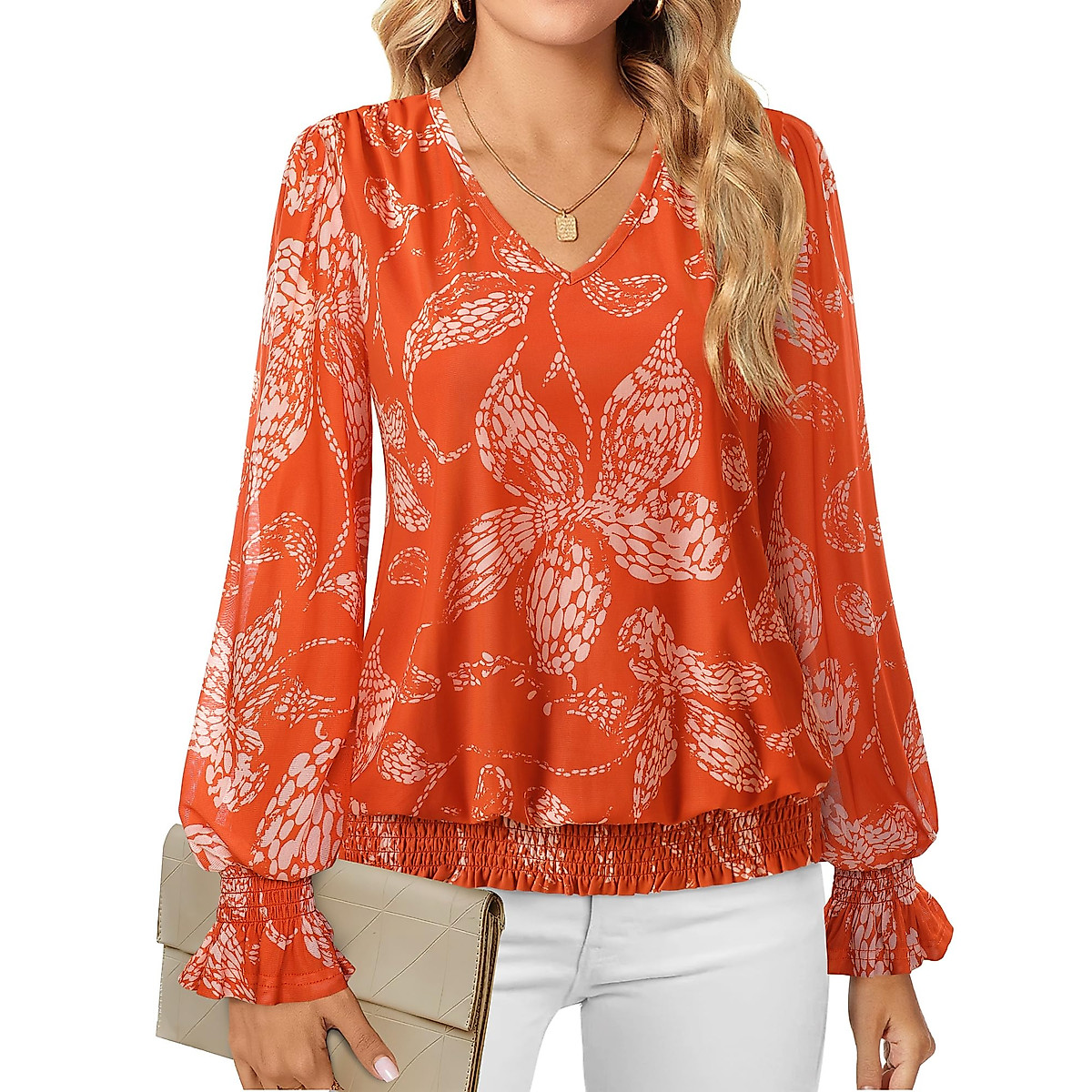 Bodhi talk Blouses for Women 2024 Elegant V Neck Lantern Long Sleeve Shirts Pleated Puff Sleeve Mesh Blouse Business Casual Outfits Cute Fall/Womens Print Dressy Tops Orange Floral Medium