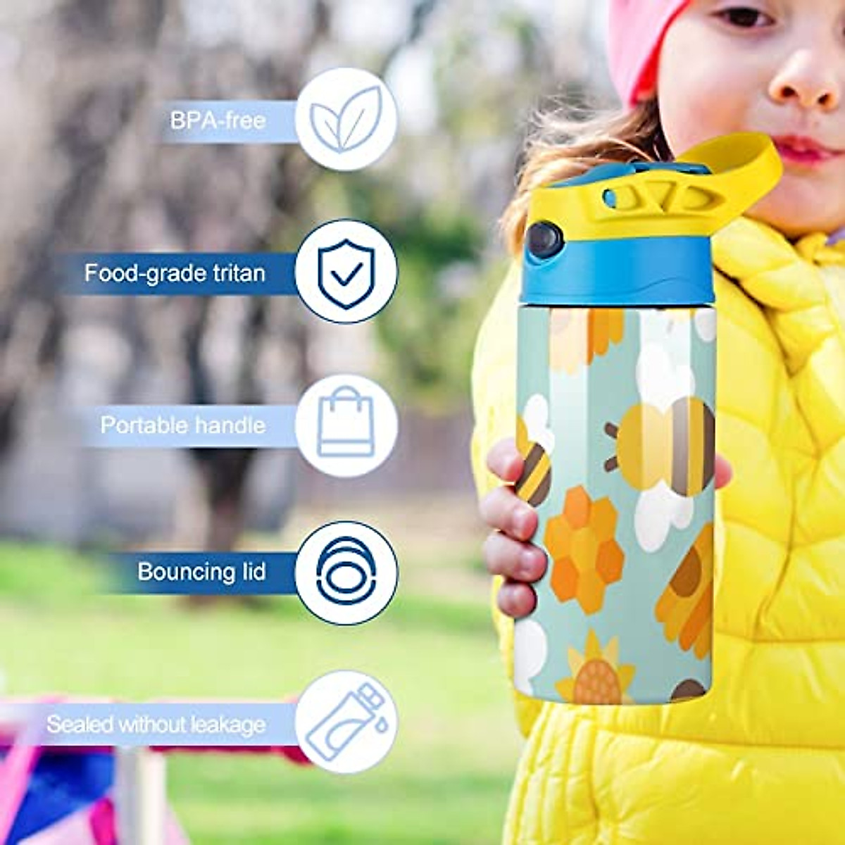 Thermos Cup 500Ml Bee Flower Insulated Water Bottle With Straw For Sports And Travel 7.5x2.7 in