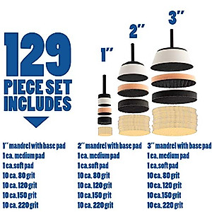Fulton 129 Piece Bowl Sanding Disc Set | 1, 2 and 3 inch Padded Mandrels |1 Soft and 1 Medium Interface Pad for Each Mandrel Size and 10 ea 80, 120, 150 and 220 Grit Discs for Each Mandrel Size
