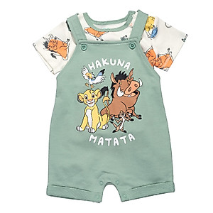Disney Lion King Simba Timon Pumbaa Newborn Baby Boys French Terry Short Overalls T-Shirt & Hat 3 Piece Outfit 3-6 Months