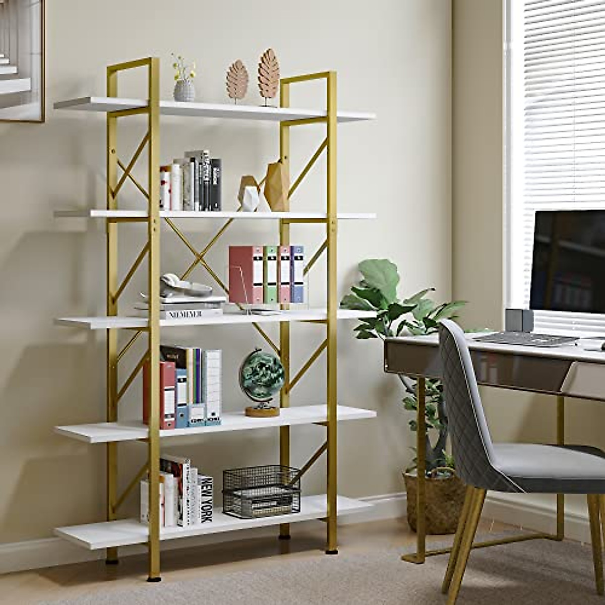 YITAHOME 5-Tier Gold Bookshelf, Artsy Modern Freestanding 5 Shelf Bookcases and Bookshelves, Book Rack, Storage Rack Shelves in in Living Room Home Office, Gold & White