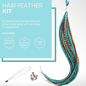 Hair Feathers Extensions Kit, Long Real Rooster Feathers for Hair with DIY Microlink Beads and Loop Tool, Western Turquoise Blue and Brown Naturals