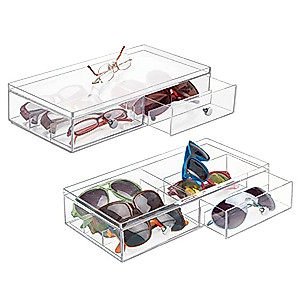 mDesign Wide Stackable Plastic Eye Glass Organizer Box Holder for Sunglasses, Reading Glasses, Lens Cleaning Cloths, Accessories - 2 Divided Drawers with 6 Sections, Chrome Pulls, 2 Pack - Clear