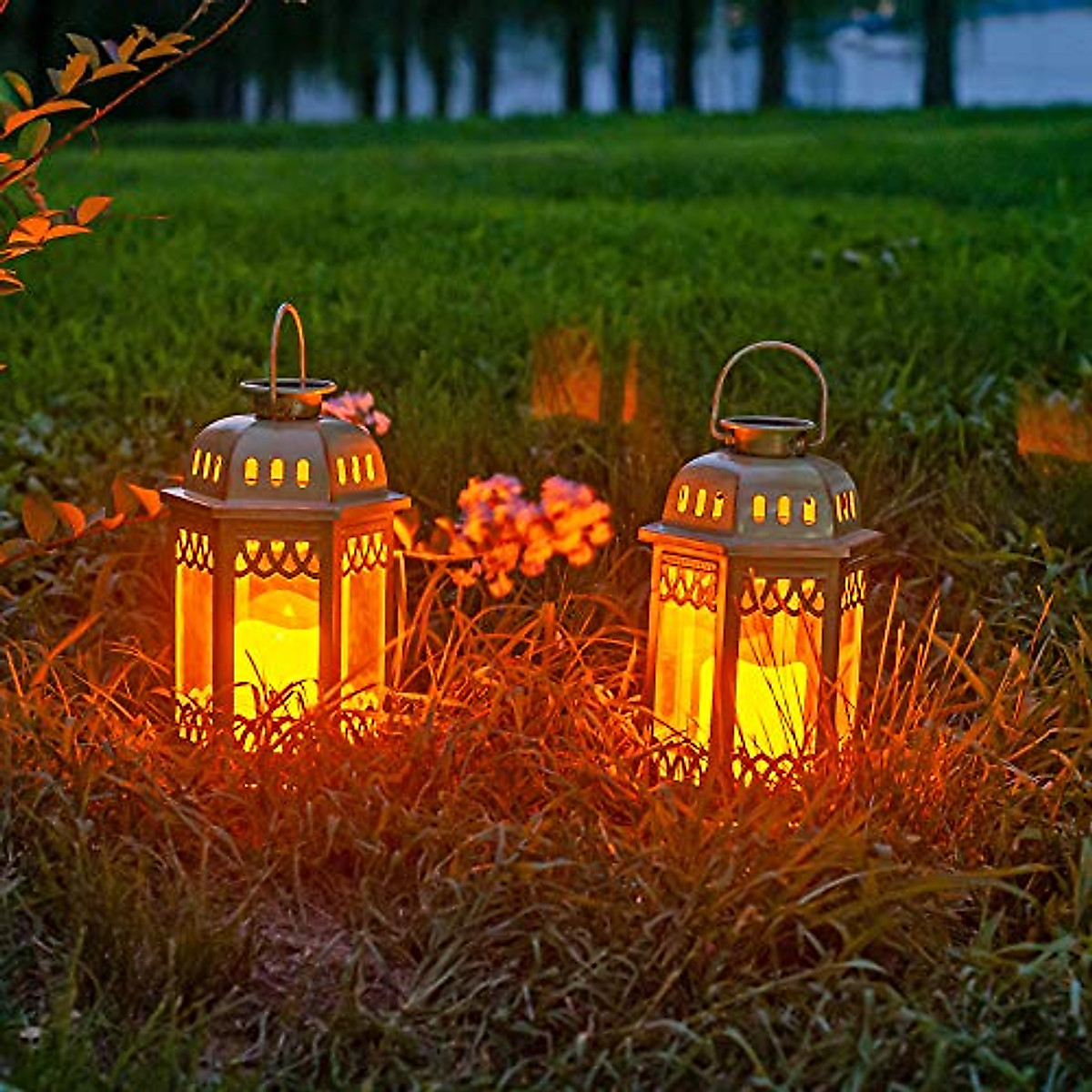 SteadyDoggie Solar Lanterns 2 Pack Green - Hanging Solar Lights with Flickering Candle LED - Retro Ornate Hanging Solar Lantern with Handle