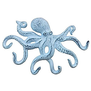 Rustic Dark Blue Whitewashed Cast Iron Octopus Hook 11 Inch - Decorative Hook - Sealife Metal Wall Hook