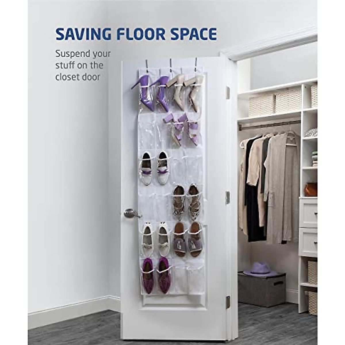 ZOBER Over The Door Shoe Organizer - 24 Breathable Pockets, Hanging Shoe Holder for Maximizing Shoe Storage, Accessories, Toiletries, Laundry Items. 64in x 18in (White, Clear)